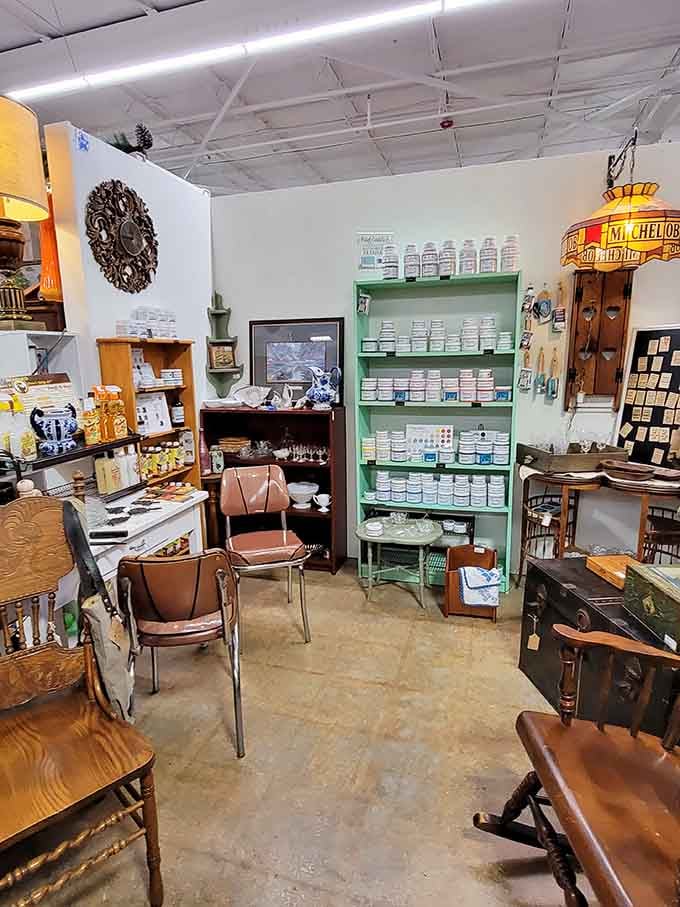 That mint green shelf holds treasures organized with the precision of a 1950s general store.