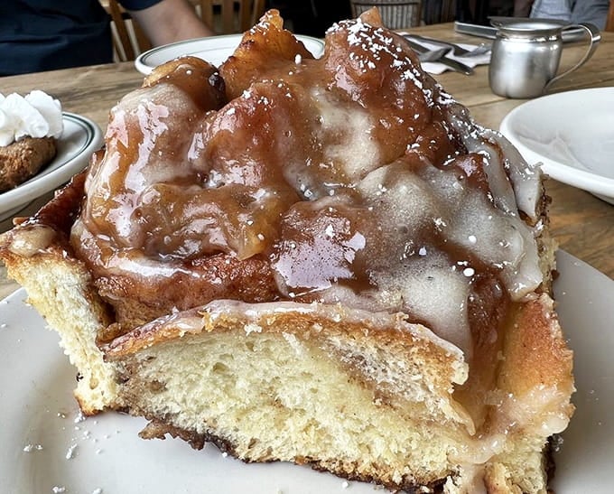 That glaze catches the light like morning sunshine, revealing layers of cinnamon swirls that deserve their own fan club.