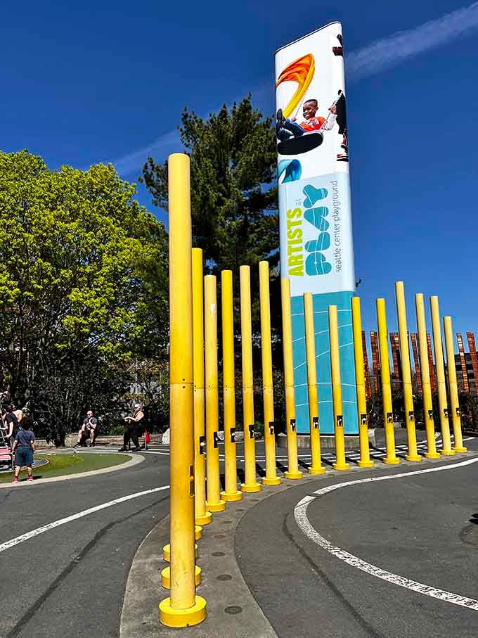 These bright yellow poles create music when kids play, turning chaos into something almost resembling a symphony.