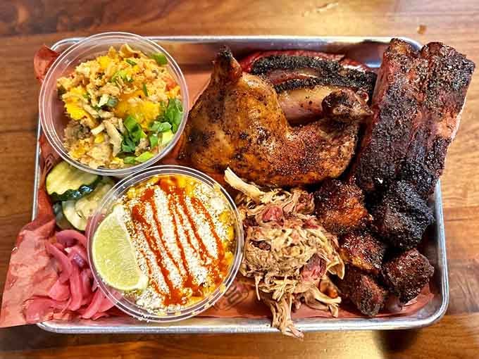 Not so much a platter as a greatest hits album of Texas barbecue, featuring guest appearances from elote, pickled onions, and that scene-stealing queso fresco.