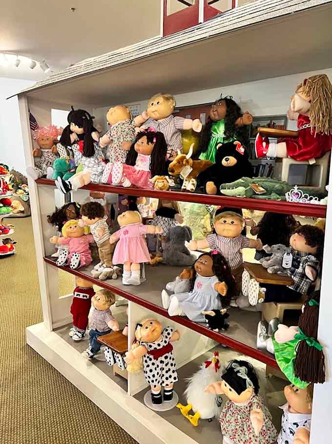 Rows of dolls waiting for their forever homes, each with a unique face. It's like a very adorable lineup.