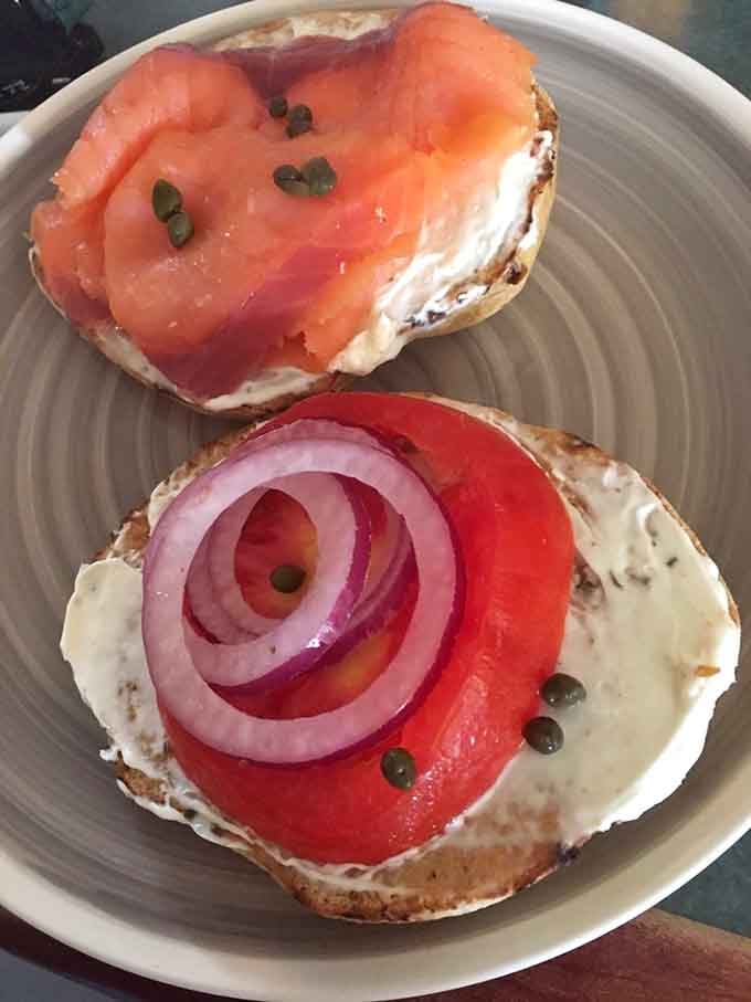 The smoked salmon bagel brings a touch of sophistication to your morning, because you're fancy like that sometimes.