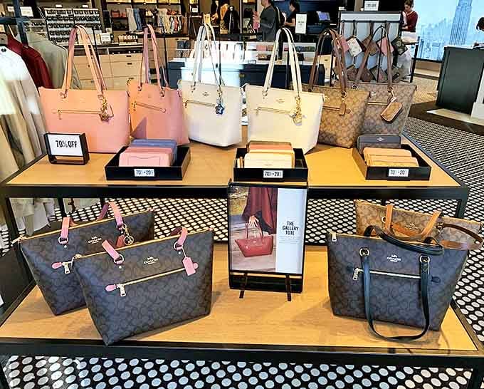 Designer handbags at prices that won't require a second mortgage. The "70% OFF" signs are the real fashion statement here.