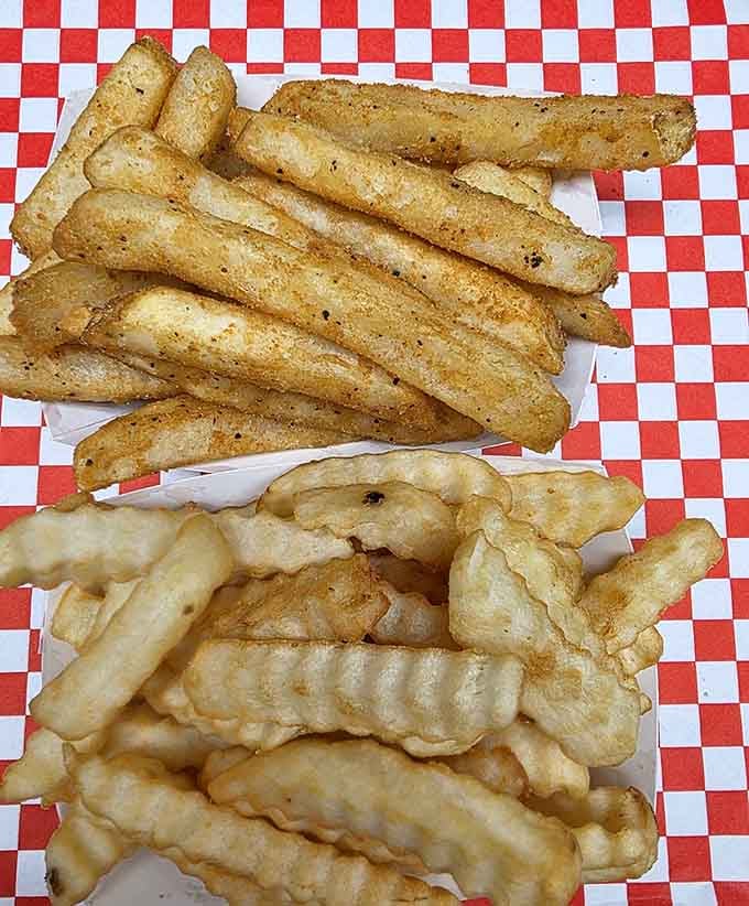 Seasoned fries and crinkle-cuts sharing space like old friends who've agreed to disagree but still hang out.