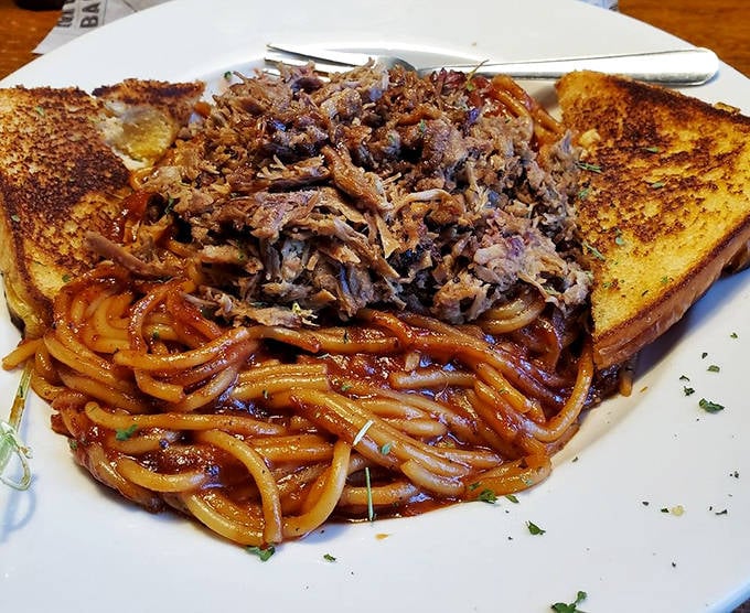 BBQ spaghetti: where Memphis meets Italy and decides to become best friends. Tender pulled pork nestled atop saucy pasta creates a cross-cultural masterpiece worth every carb.