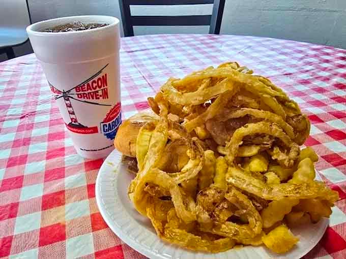 These onion rings tower like the Leaning Tower of Pisa, except way more delicious and structurally sound.