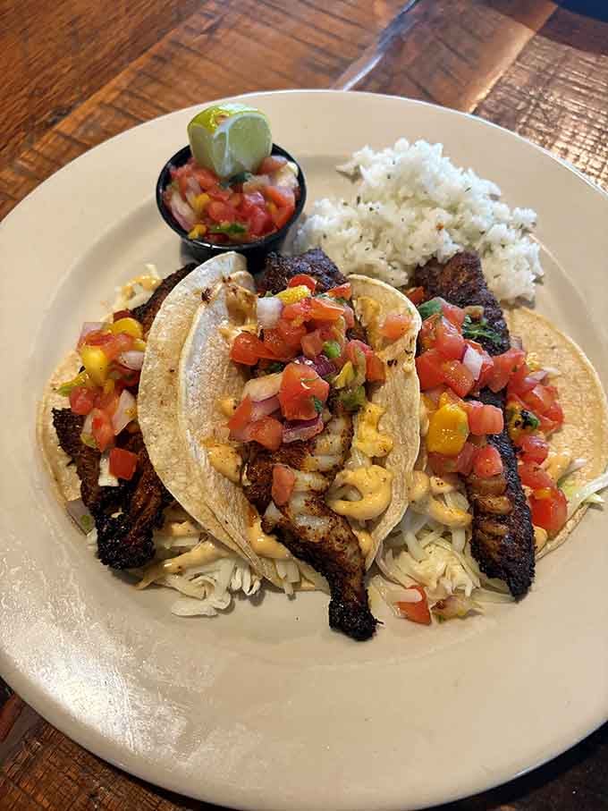 Blackened fish tacos with all the fixings prove this kitchen can handle flavors from way beyond Michigan's borders beautifully.