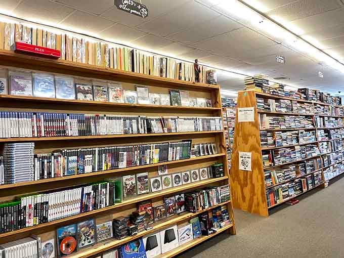 Vinyl records and paperbacks living together in perfect harmony, like a time capsule from when entertainment was tangible and wonderful.