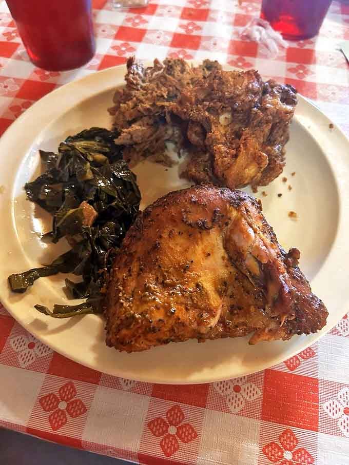 BBQ chicken and collards &ndash; the South Carolina power couple. That perfectly seasoned skin could make a vegetarian reconsider their life choices.