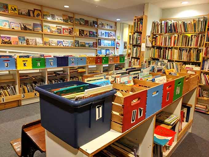 Colorful bins make finding your next read easier than finding matching socks on laundry day, honestly.