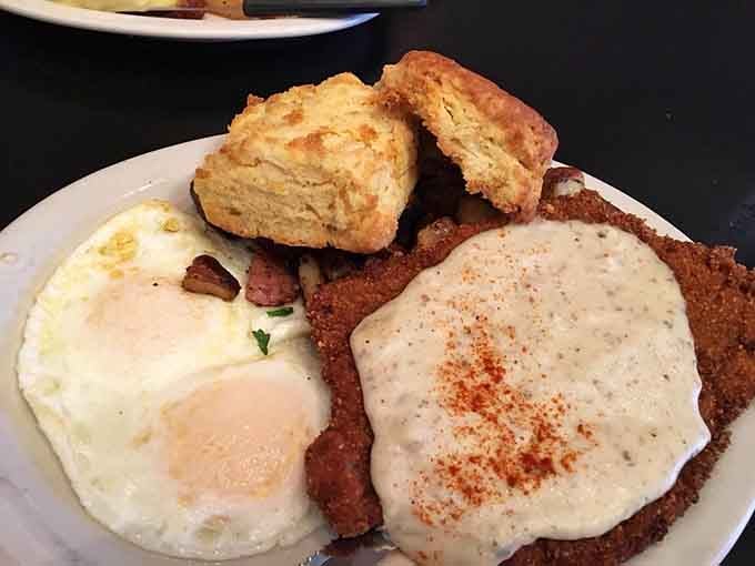 Country fried steak with gravy and biscuits. Your cardiologist called, but you're not answering right now.