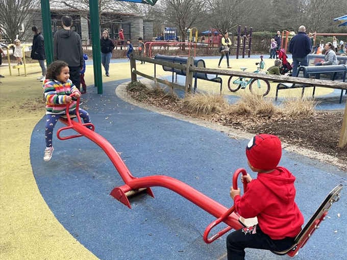 The classic seesaw gets a modern makeover, bringing kids together for that timeless up-and-down negotiation of physics.