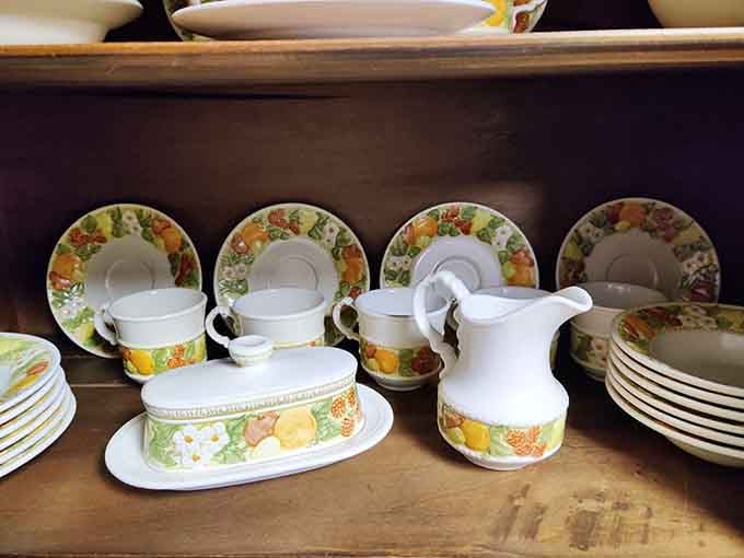 Floral-patterned dinnerware that screams 1970s dinner parties where fondue was considered the height of culinary sophistication and elegance.