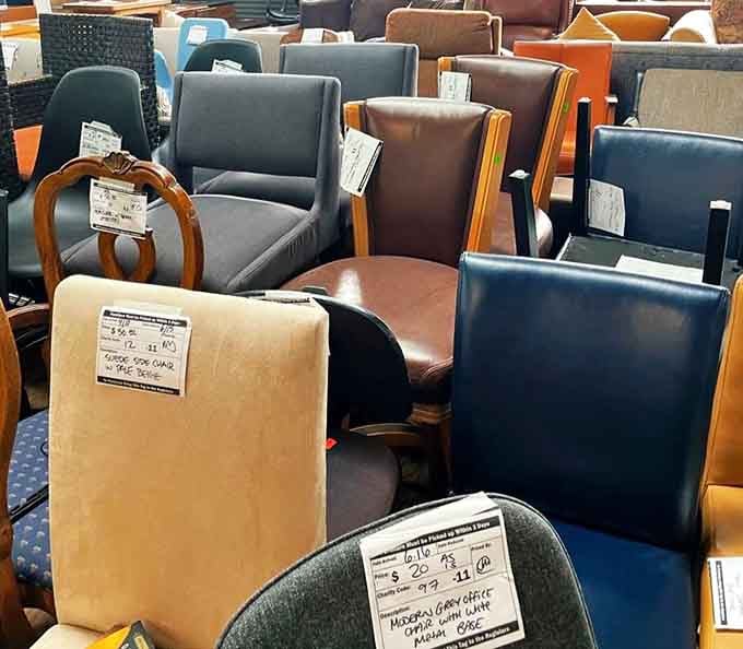 This chair collection looks like a furniture showroom had a yard sale, offering seating options for every taste and budget.