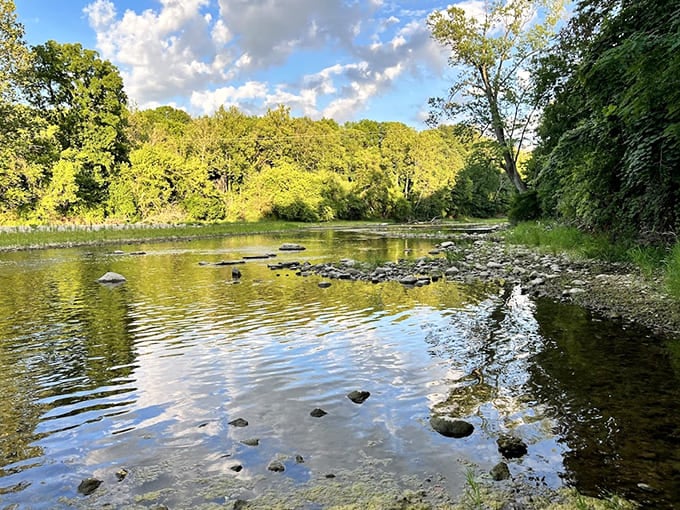 Sugar Creek flows peacefully, completely unaware it's the town's natural therapy session for stressed-out visitors.
