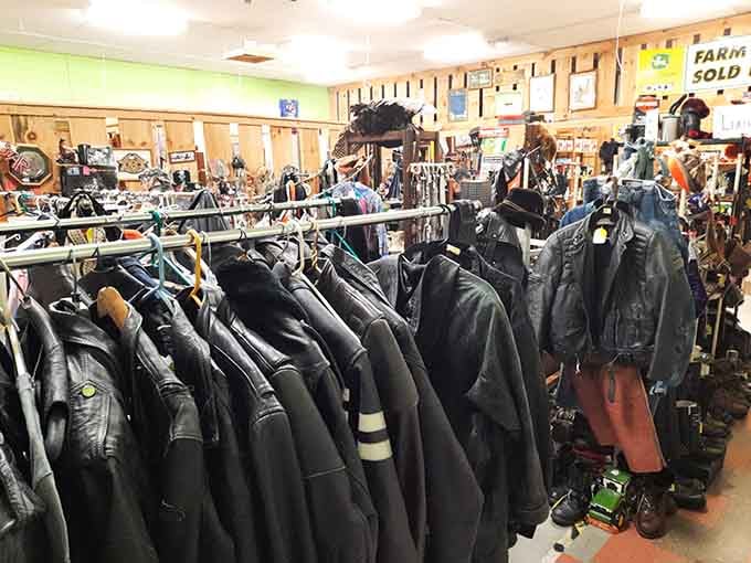 Rows of leather jackets hang ready for anyone who's ever wanted to look tough while shopping for vintage kitchen gadgets.