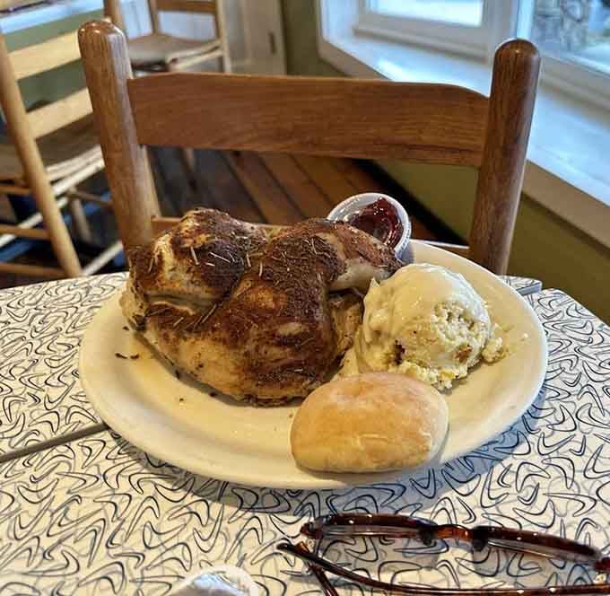 Half a chicken with all the fixings looks like Sunday dinner decided to show up on a weekday.