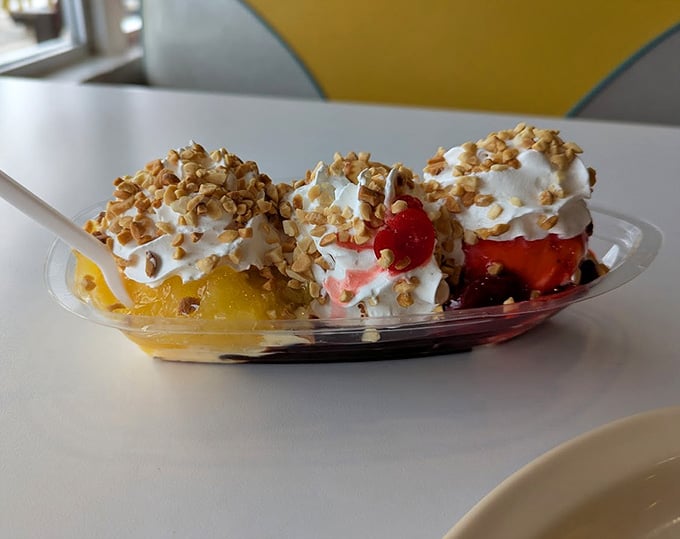 Whipped cream, cherries, and enough nuts to make a squirrel jealous on these glorious banana split sundaes.