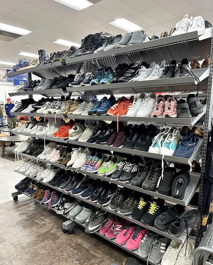 Sneakers and dress shoes coexist peacefully, organized better than most people's actual closets at home.