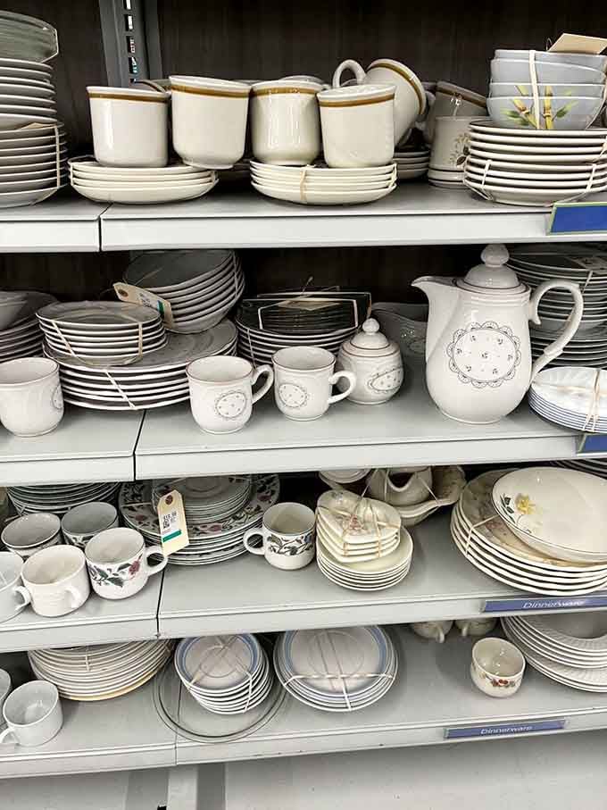 Complete dinnerware sets that once graced holiday tables now await their next chapter at prices that defy logic entirely.