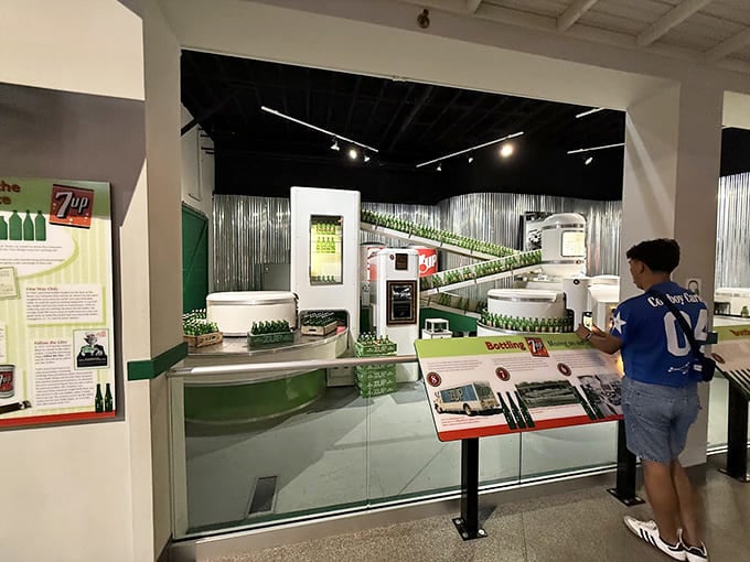 The 7-Up bottling line exhibit shows how bottles marched along like tiny glass soldiers heading off to refresh the masses.