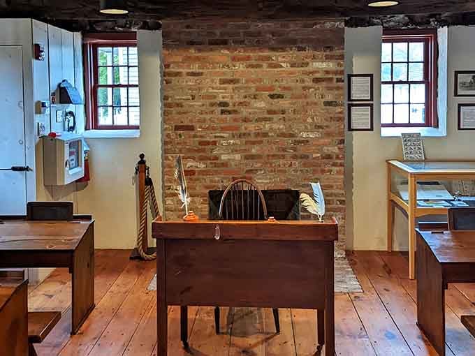 Exposed brick and wooden desks transport you to classrooms where learning meant slate boards and serious concentration.