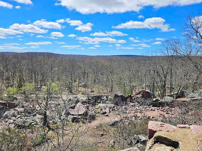 Winter strips away the green curtain, revealing the full theatrical drama of these ancient rock formations.