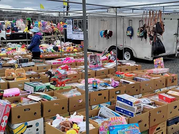 Fresh produce and honey jars remind you that not everything here comes from someone's garage or a warehouse closeout.