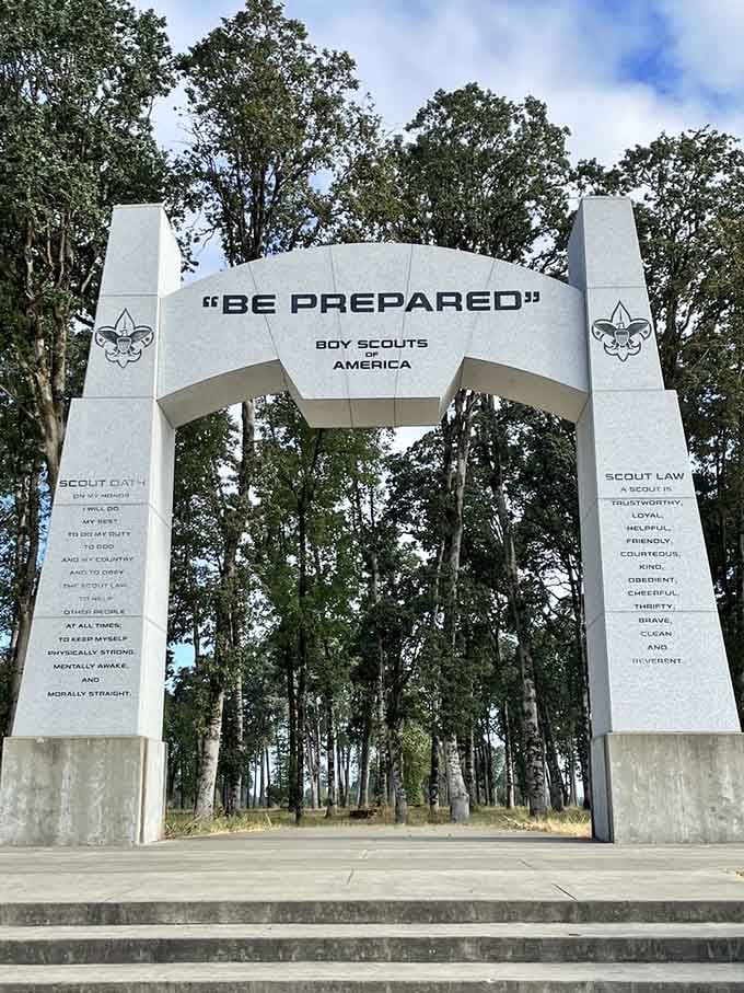 The Boy Scouts monument stands proud, honoring generations who learned preparedness before tackling life's greatest adventures.