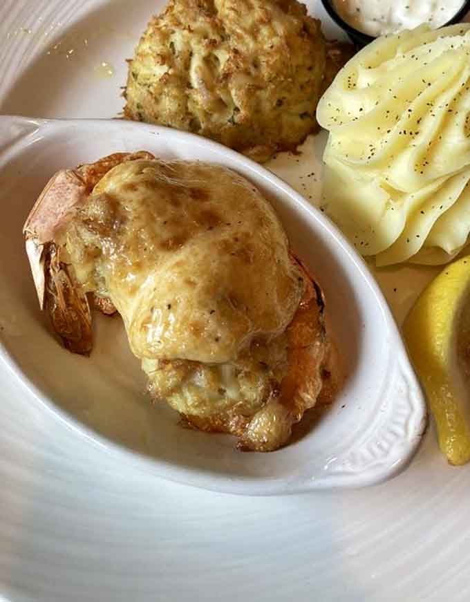 Broiled stuffed shrimp paired with a crab cake because apparently someone decided we all deserved to be spoiled rotten.