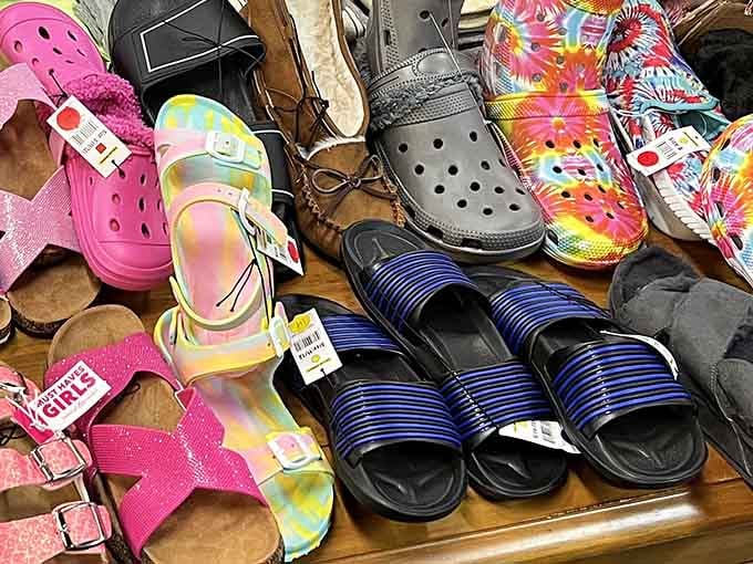 From practical Crocs to whimsical tie-dye sandals, this footwear display offers something for every Kentucky adventure&mdash;or misadventure.