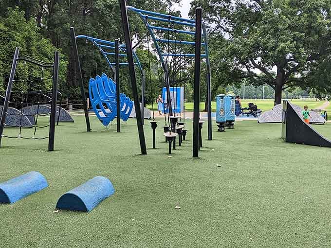 Modern playground meets obstacle course where kids can channel their inner American Ninja Warrior without the dramatic commentary.
