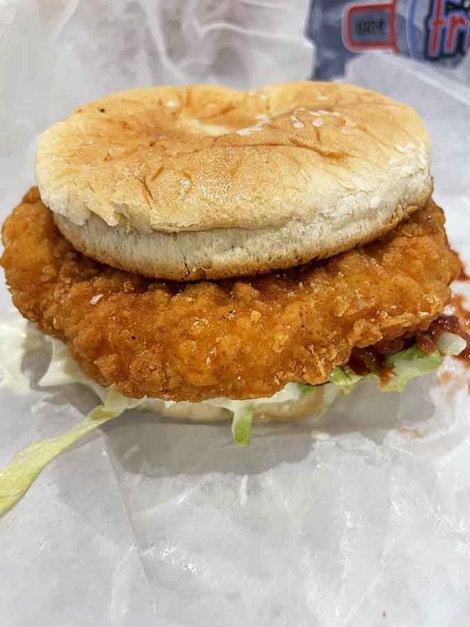 That breaded chicken cutlet on a bun looks like it survived the journey by rail remarkably well, lettuce intact.