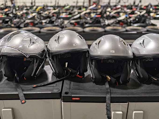 These gleaming helmets await their next adventure, lined up like soldiers ready to protect your noggin during battle.