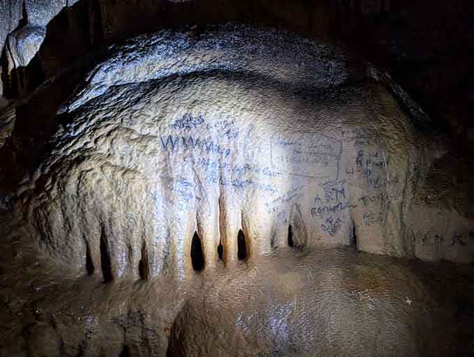 Civil War soldiers left their signatures here, turning limestone into history's most permanent guestbook. No Instagram needed back then.
