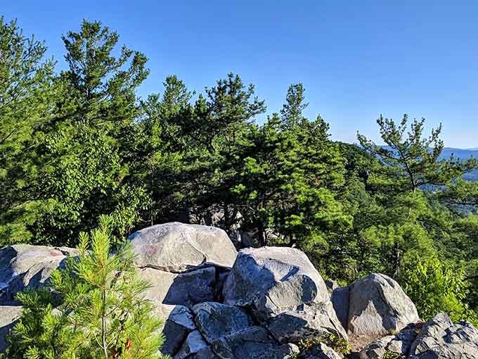Monument Mountain's rocky summit where boulders balance like nature's been playing Jenga for a few million years now.