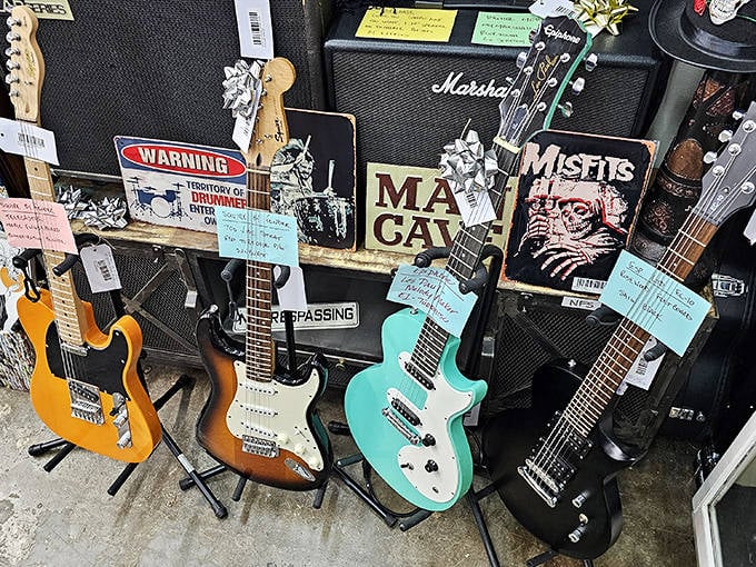 Rock history on display! Each guitar tells a story of riffs, solos, and that one summer you almost started a band.