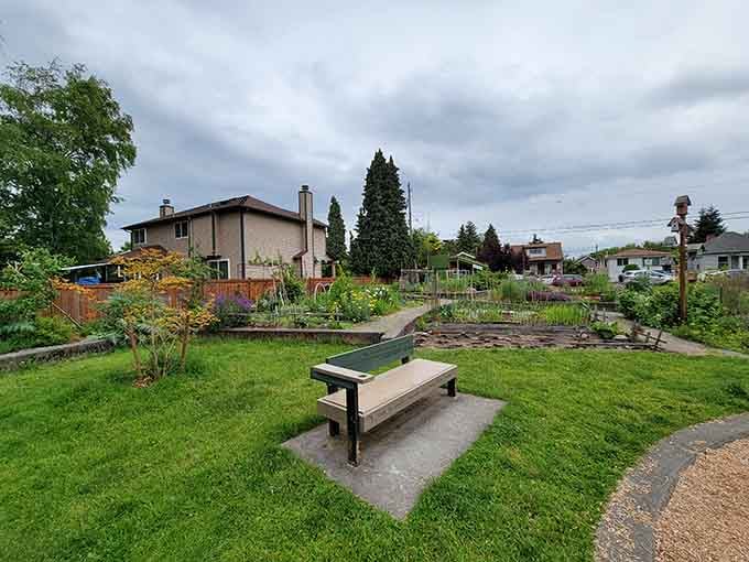 This community garden proves that even oversized Western landmarks need neighbors who appreciate fresh vegetables and flowers.