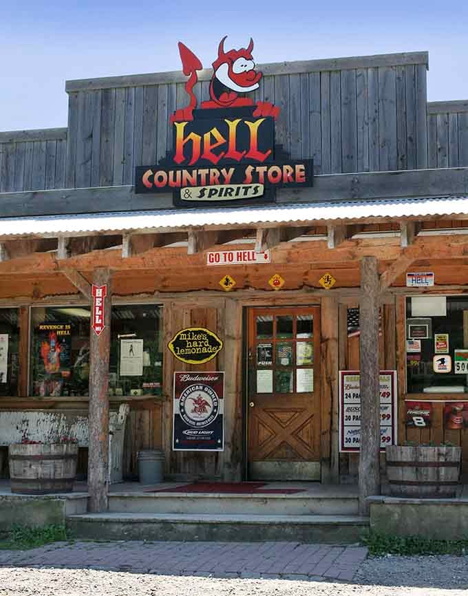 That cheerful cartoon devil welcomes you to Hell Country Store, proving even the underworld needs a good gift shop manager.