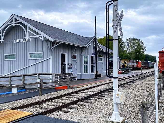 The North Judson station welcomes visitors with its classic railroad architecture and iconic crossing sign, a portal to America's golden age of rail.