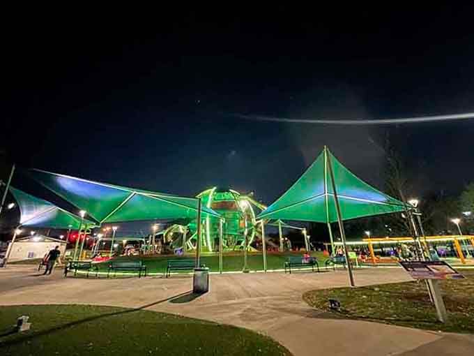When the sun goes down, the playground transforms into an illuminated wonderland that keeps the fun going strong.