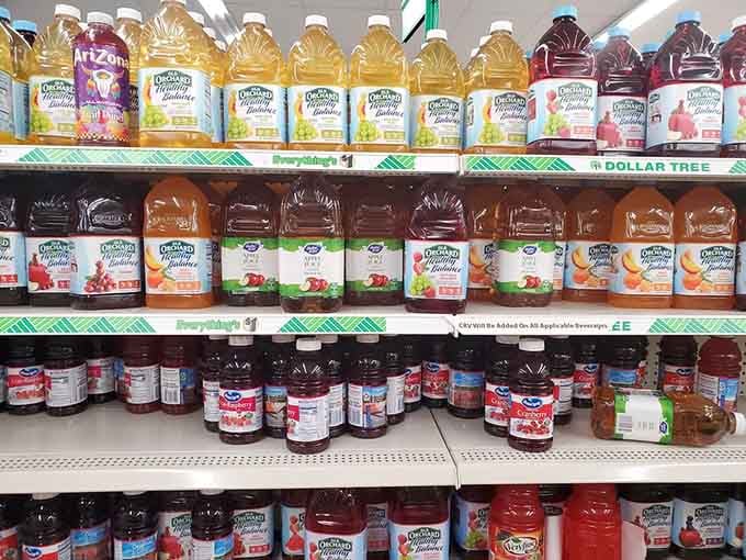 Hydration station extraordinaire! Name-brand juices and drinks line up like soldiers ready to battle your thirst without waging war on your finances.