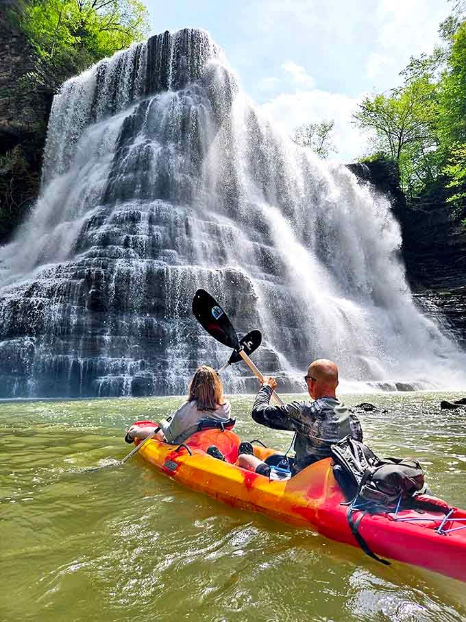 Talk about front-row seats! These kayakers have discovered the ultimate waterfall viewing experience&mdash;like having orchestra seats at nature's grandest performance.