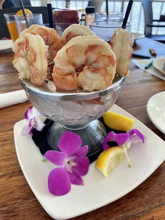 Jumbo shrimp on ice looking so fresh they're practically waving hello and asking about your day at sea.