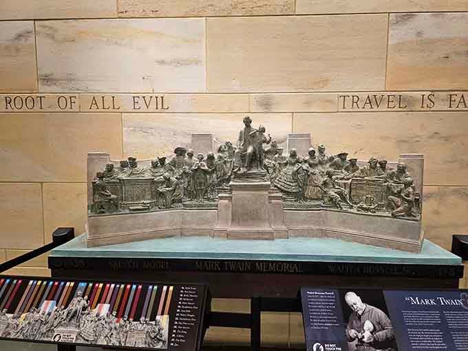 This memorial sculpture captures the wit and wisdom of a man who turned the Mississippi River into American mythology.