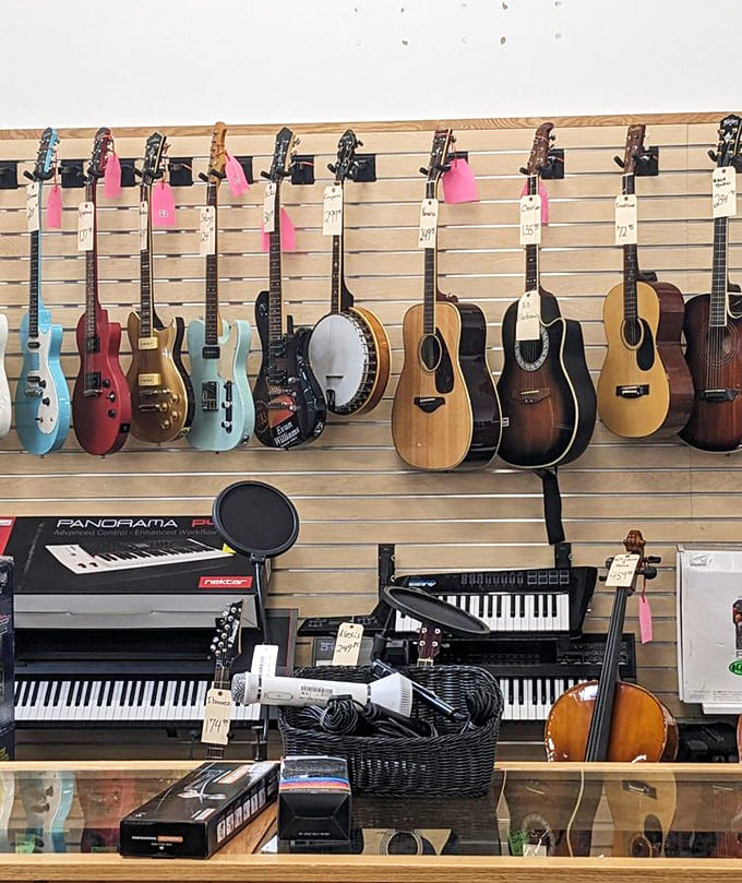Musical instruments line the walls, offering everything from guitars to keyboards for aspiring rockstars on a budget.