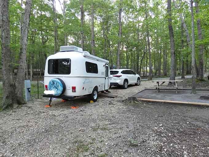 This campsite nestled in the woods makes you wonder why anyone bothers with hotels and their tiny soap bars.