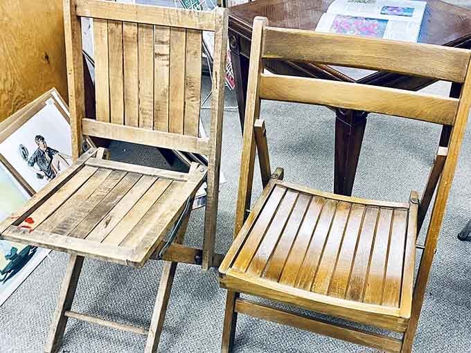 Wooden folding chairs that have supported more family gatherings than you can count on both hands.