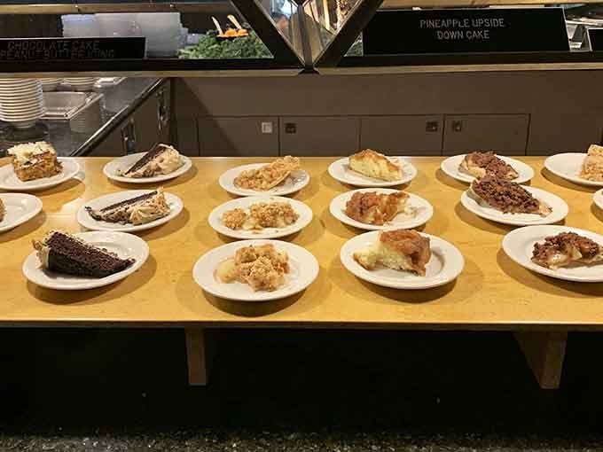 The bread smorgasbord displays an array of cakes and pies that could derail any dinner plan.