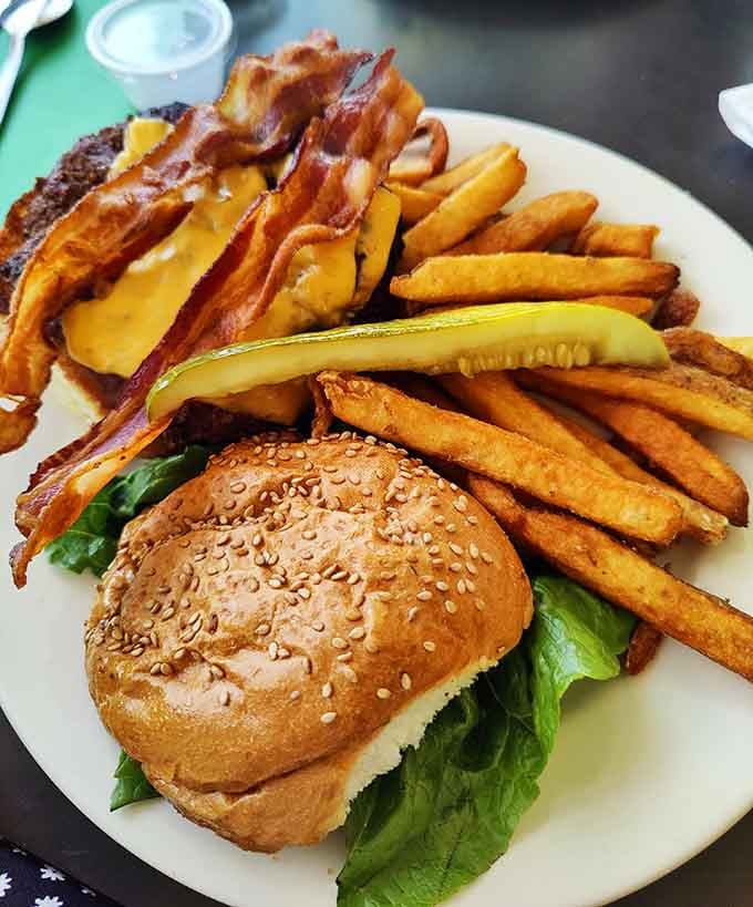 That burger and those fries look like they stepped straight out of a 1950s fever dream.